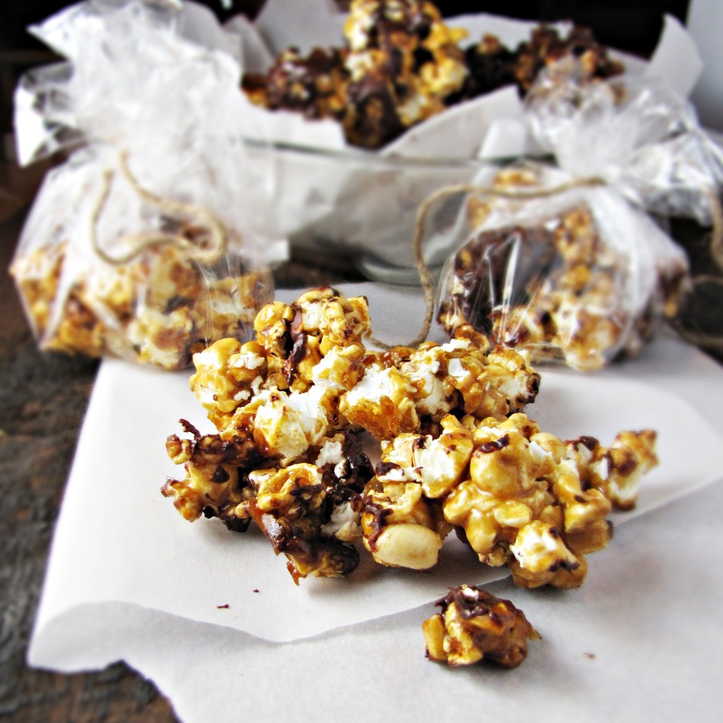 Caramel Corn with Peanuts and Chocolate - Katie at the Kitchen Door