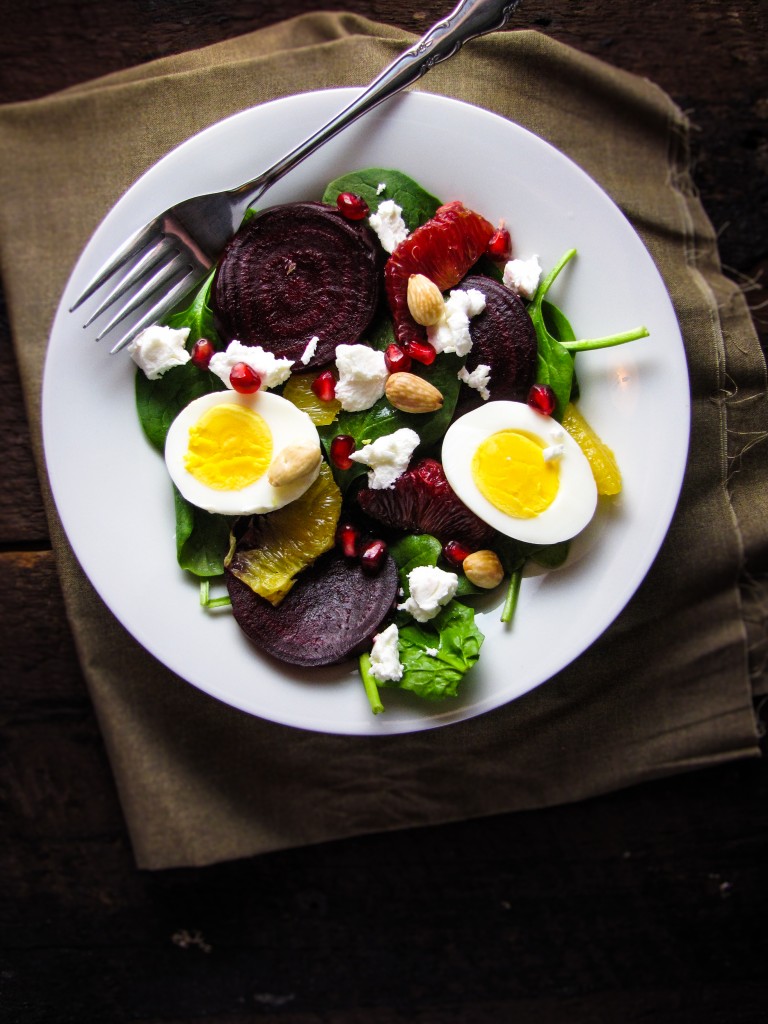 Roasted Beet and Spinach Salad with Goat Cheese, Eggs, Pomegranate ...