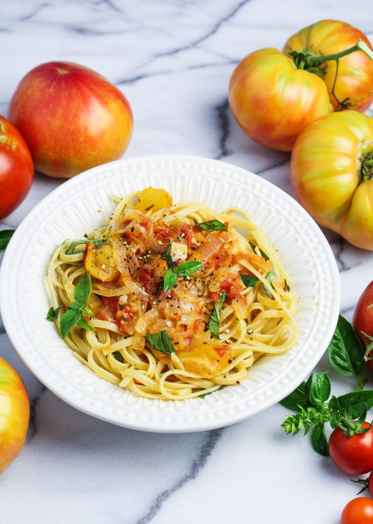 Heirloom Tomato and Sweet Onion Spaghetti - Katie at the Kitchen Door